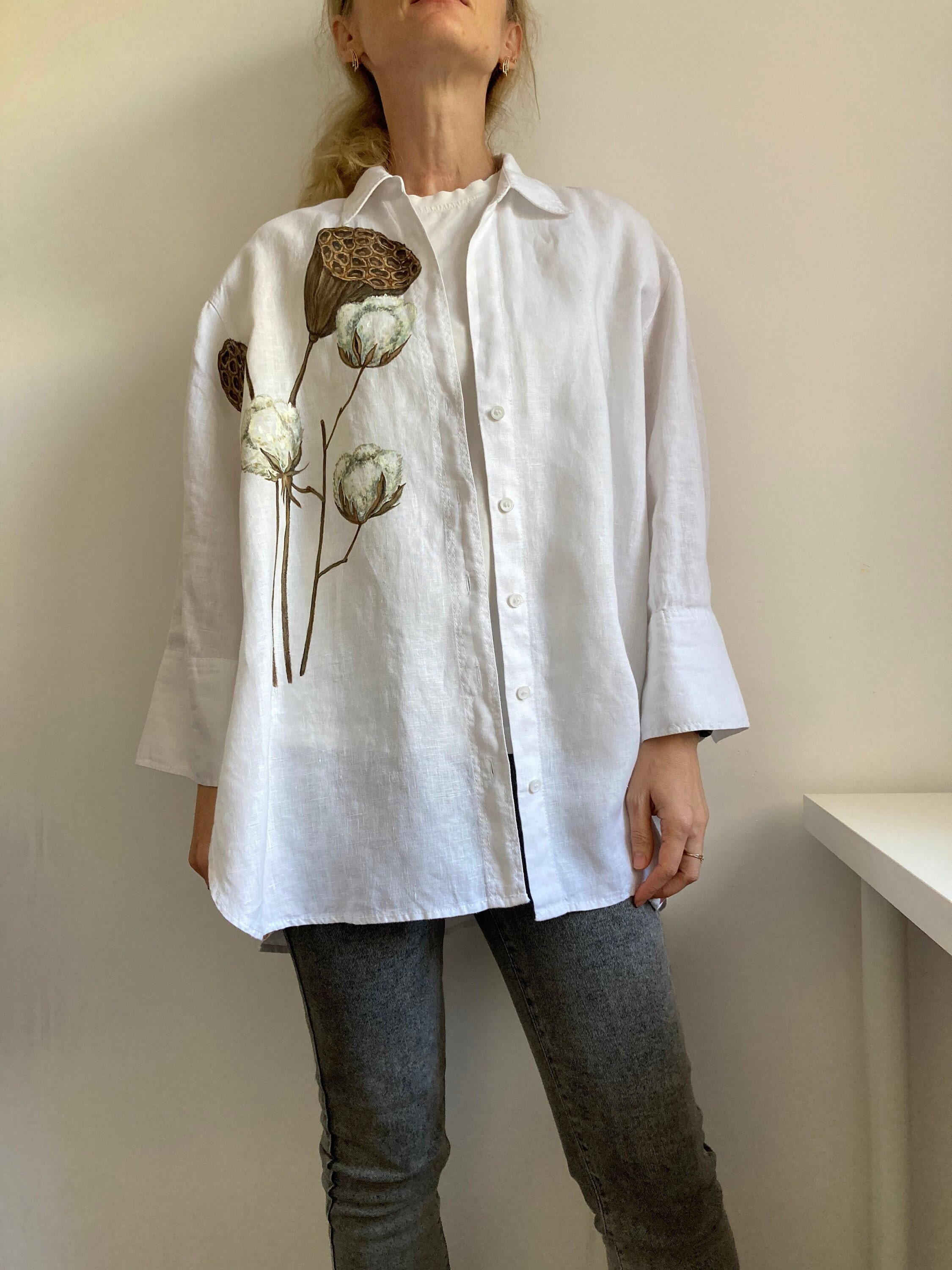 Hand Painted Linen Blouse Floral, Magic Linen Shirt for 21st Birthday ...