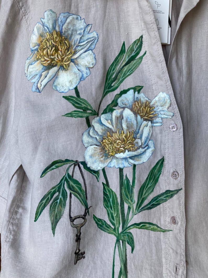 Hand Painted Linen Blouse, Peony Painting Elegant Blouse, Birth Flower ...