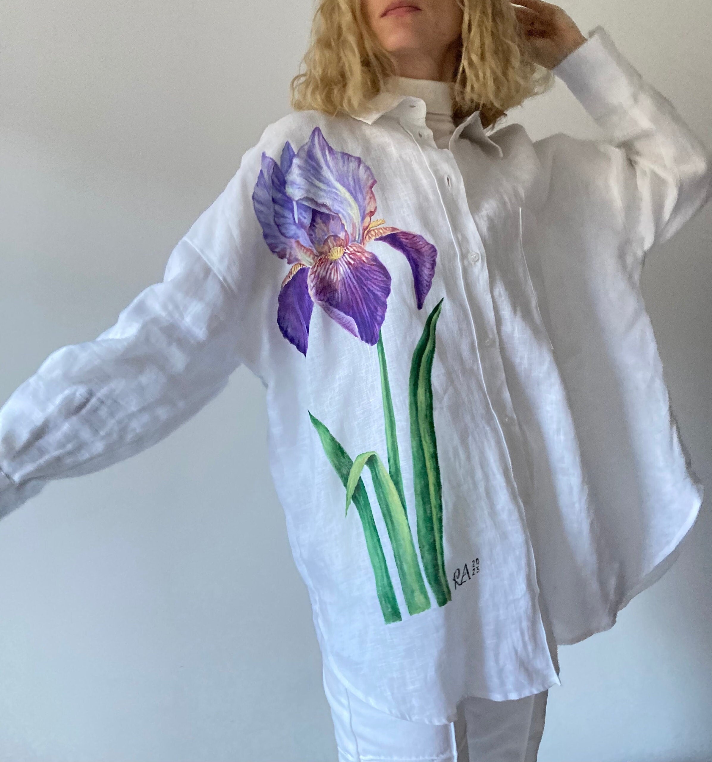 Hand painted linen blouse, Iris painting linen shirt, Unique custom ...