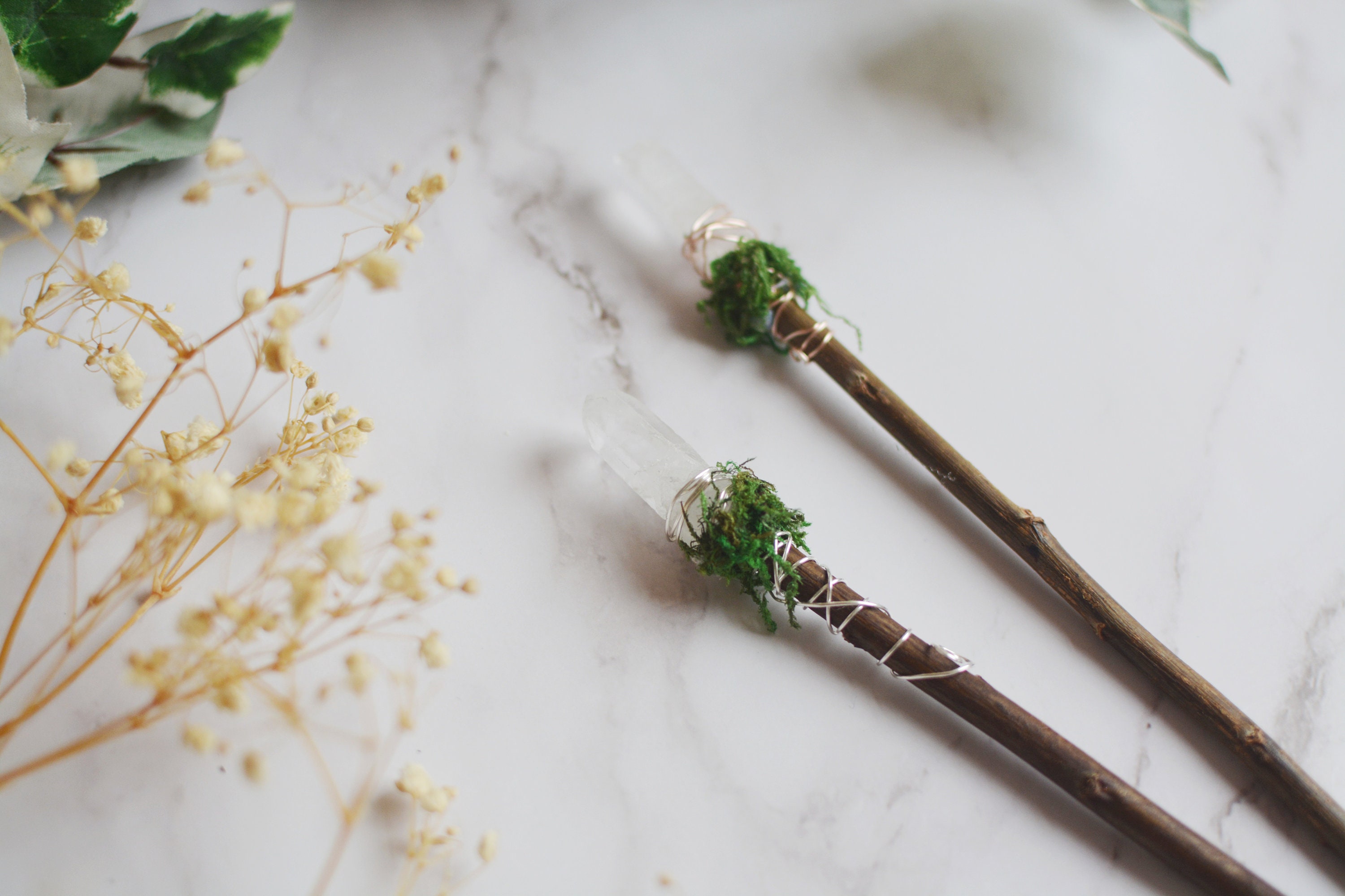 Crystal and Willow Wand Magic Prop Decor Moss Nature | Etsy UK
