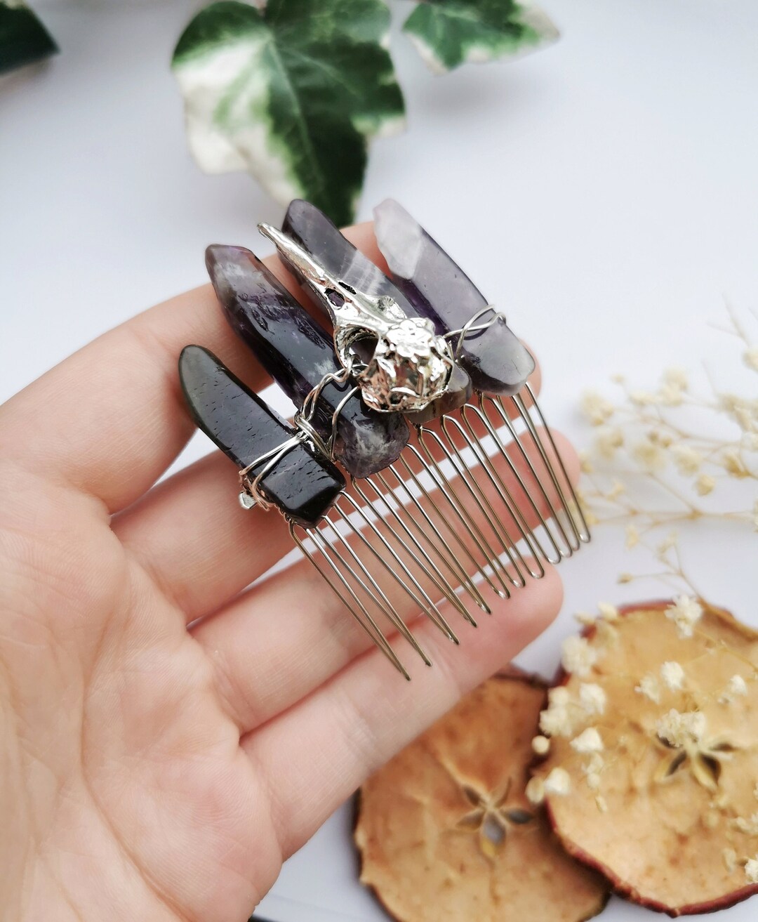 Amethyst Raven Comb | Macabre Skull Hair Accessory | Crystals | Gothic ...