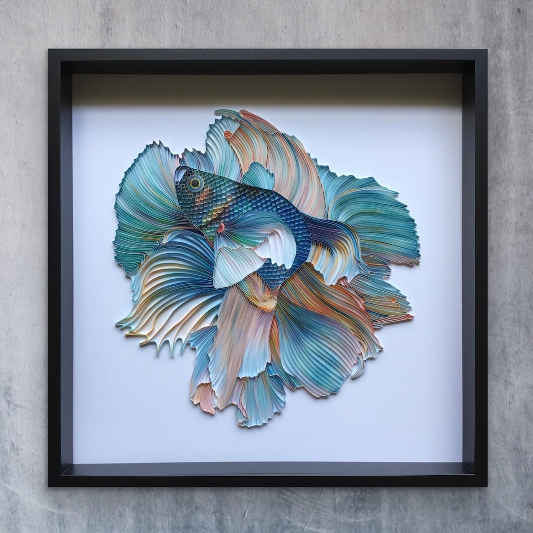 Quilled Fish Art, 50x50 Cm, Betta Fish, 3D Framed Paper Art, Covered ...