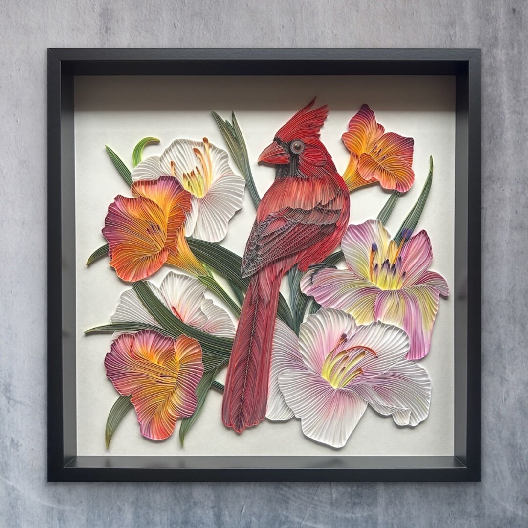 Quilled Bird and Flower Art, 50x50 Cm, Cardinal, 3D Framed Paper Art ...