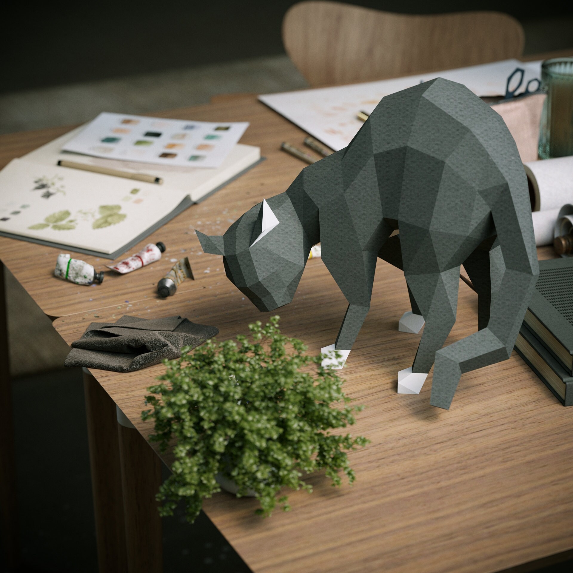 Yona DIY Frightened Cat Papercraft Kit, Abstract Low Poly 3D Origami ...