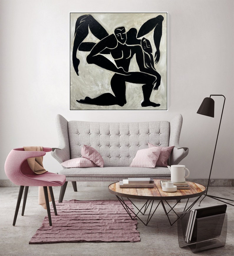 Couple Silhouette Minimalist Art, Black and White Figurative Painting ...