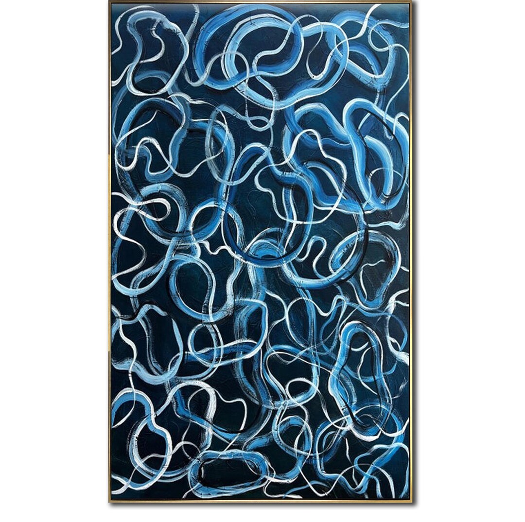 Blue Swirl Abstract Lines Art, Navy Canvas Painting, Original Indigo ...