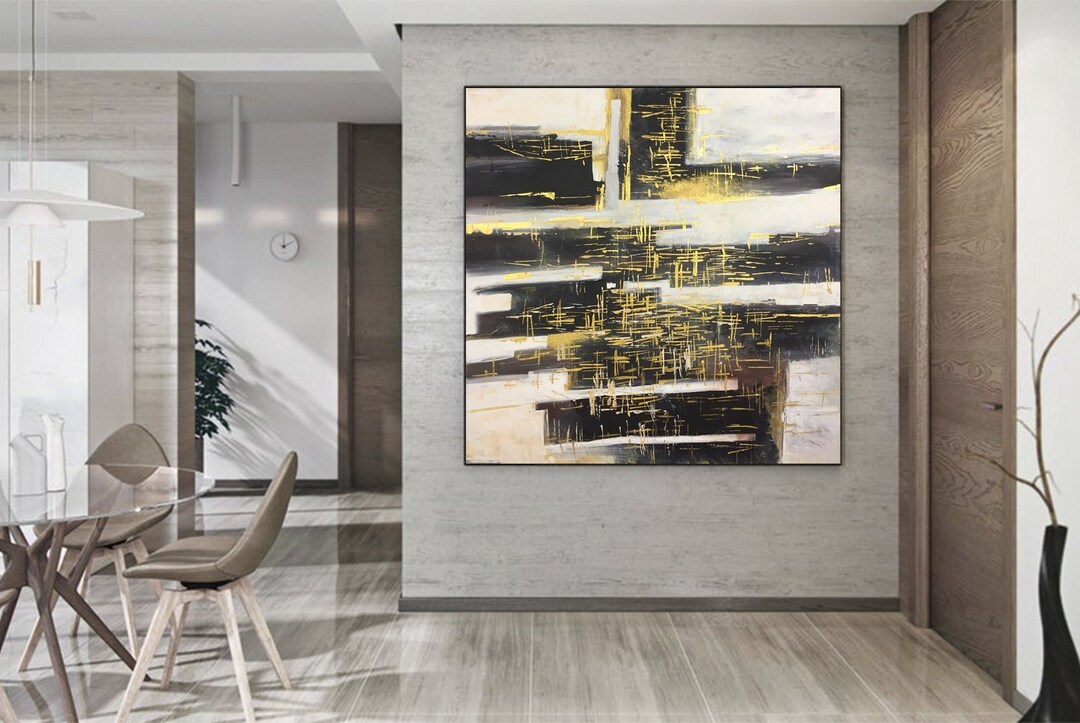 Golden Intersections Bold Abstract Expressionist Painting in Black ...