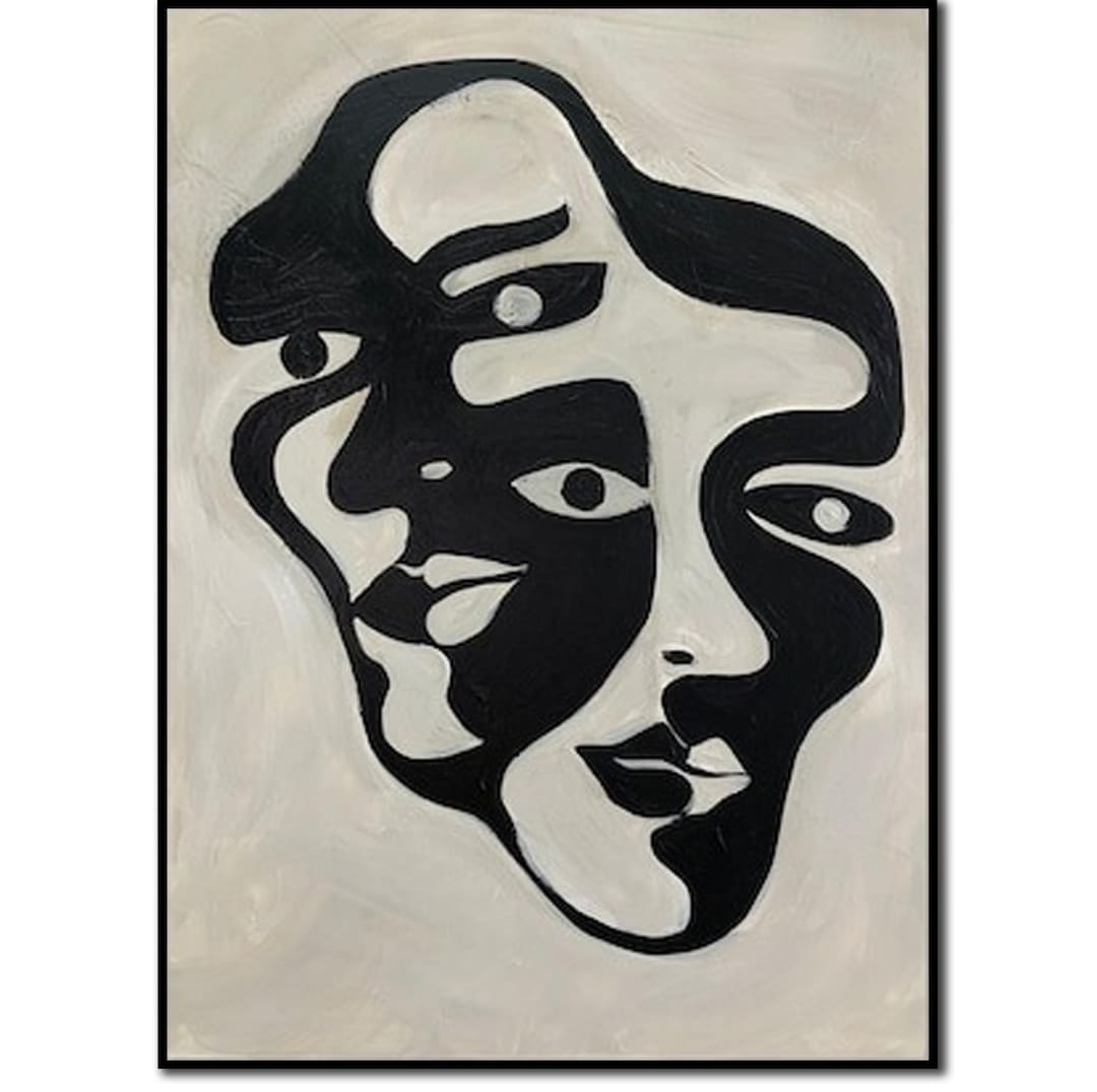 Abstract Human Faces Painting on Canvas in Black and Colors Minimalist ...