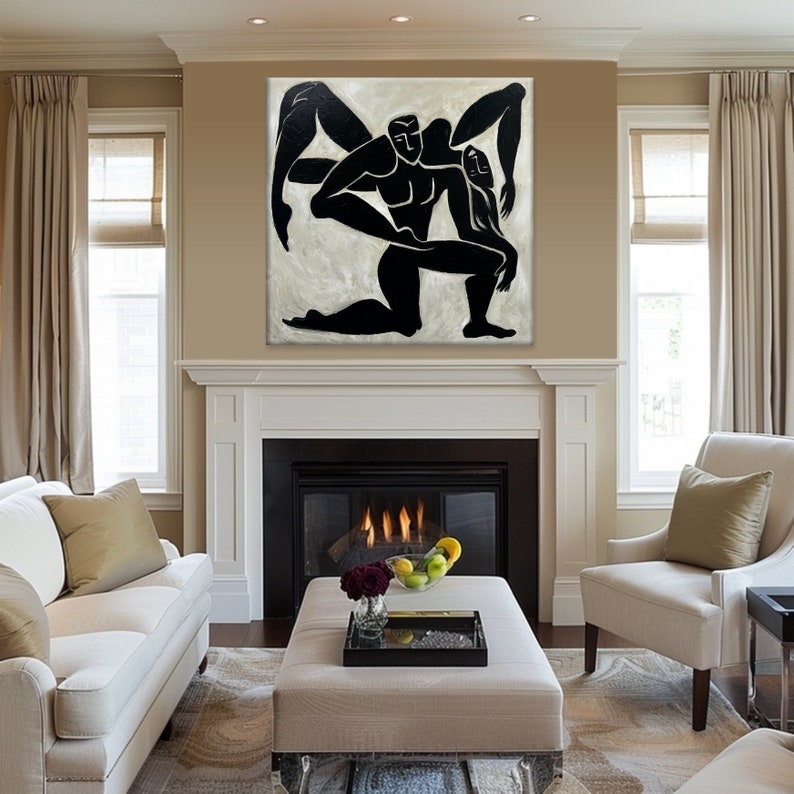 Couple Silhouette Minimalist Art, Black and White Figurative Painting ...