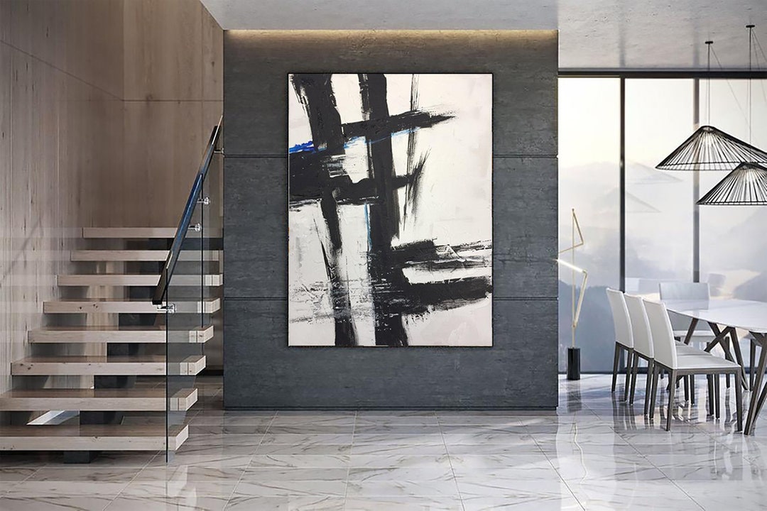 Original Vertical Black and White Paintings on Canvas Abstract Lines ...