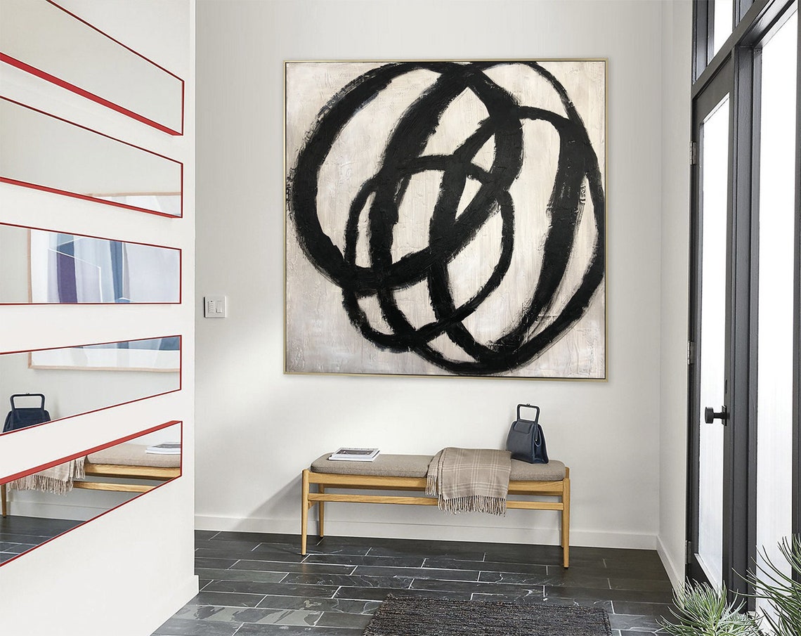 Abstract Circles Art Black and White Painting on Canvas Fine - Etsy