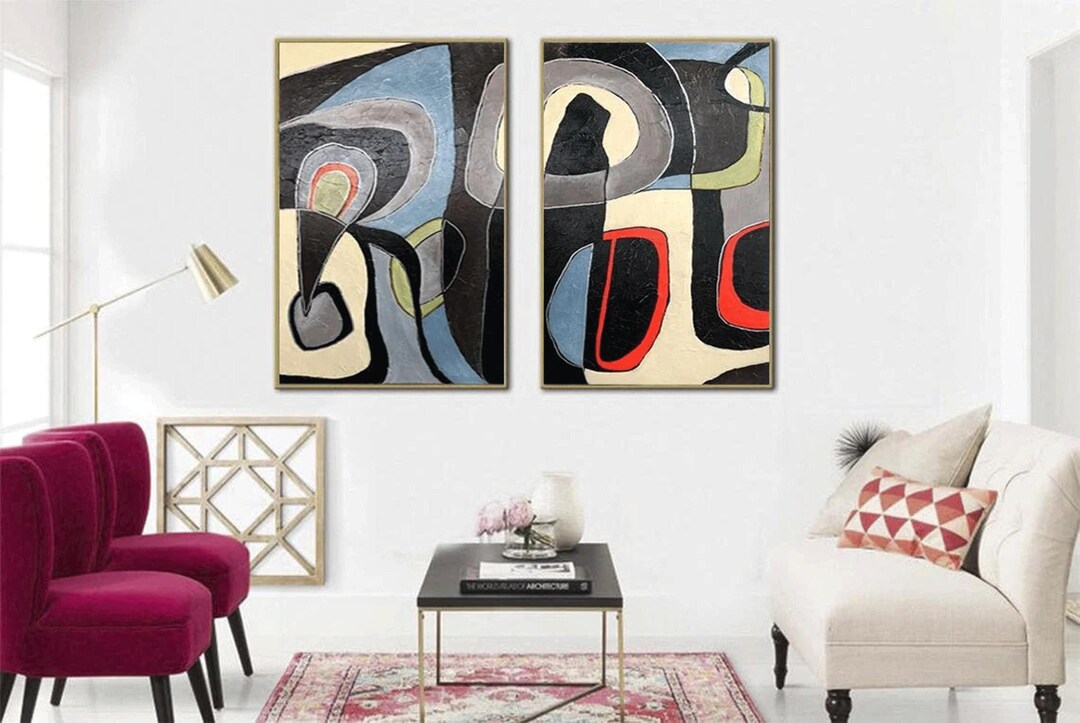 Modern Color Block Painting Set of 2 Abstract Dual Panel Geometric Wall ...