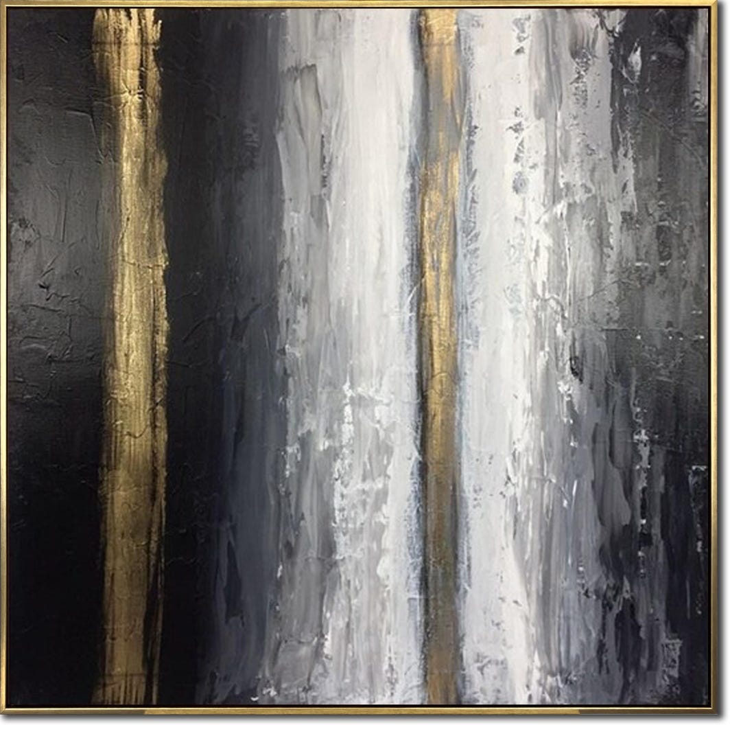 Vertical Abstract Wall Art Luxury Black, Gray, Gold Elegant Metallic ...