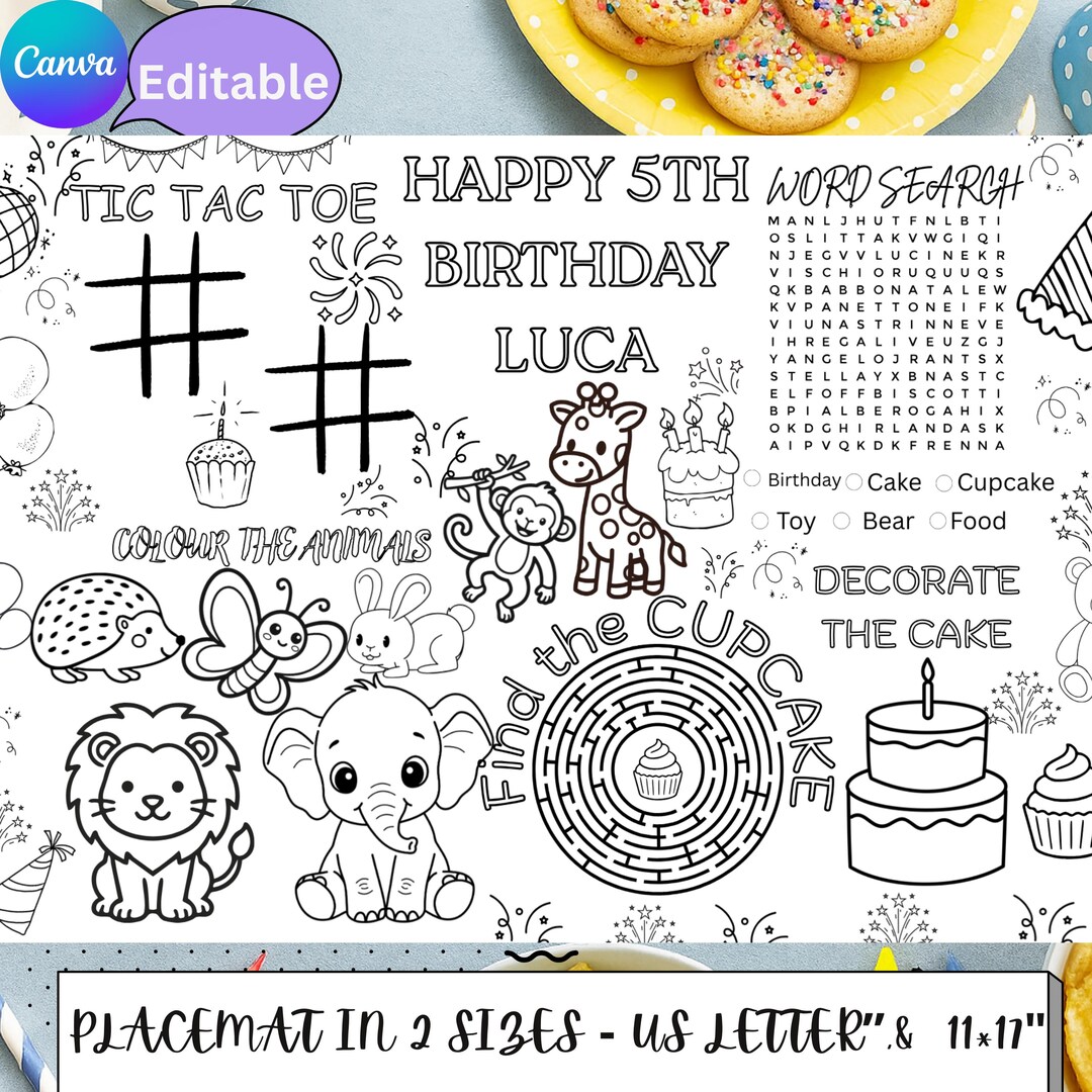 Editable Birthday Animal Coloring Placemat for Kids, Happy Birthday ...