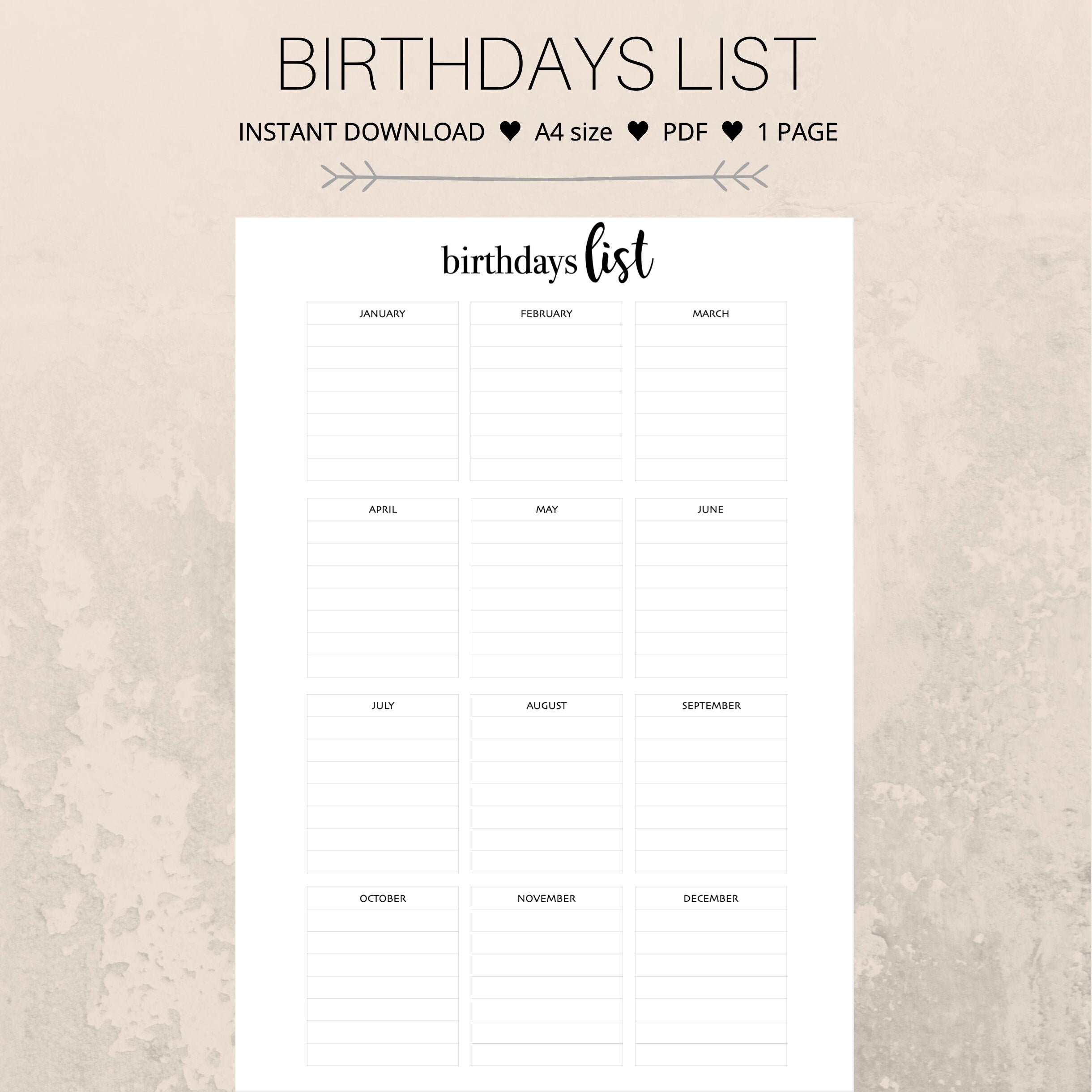 A4 Birthdays List Printable Birthdays calendar Birthdays | Etsy