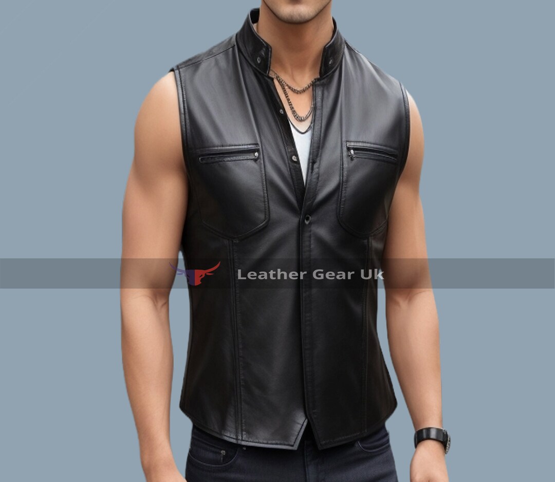 Handmade Mens Black Leather Bar Vest, Soft Black Leather Biker Vest ...