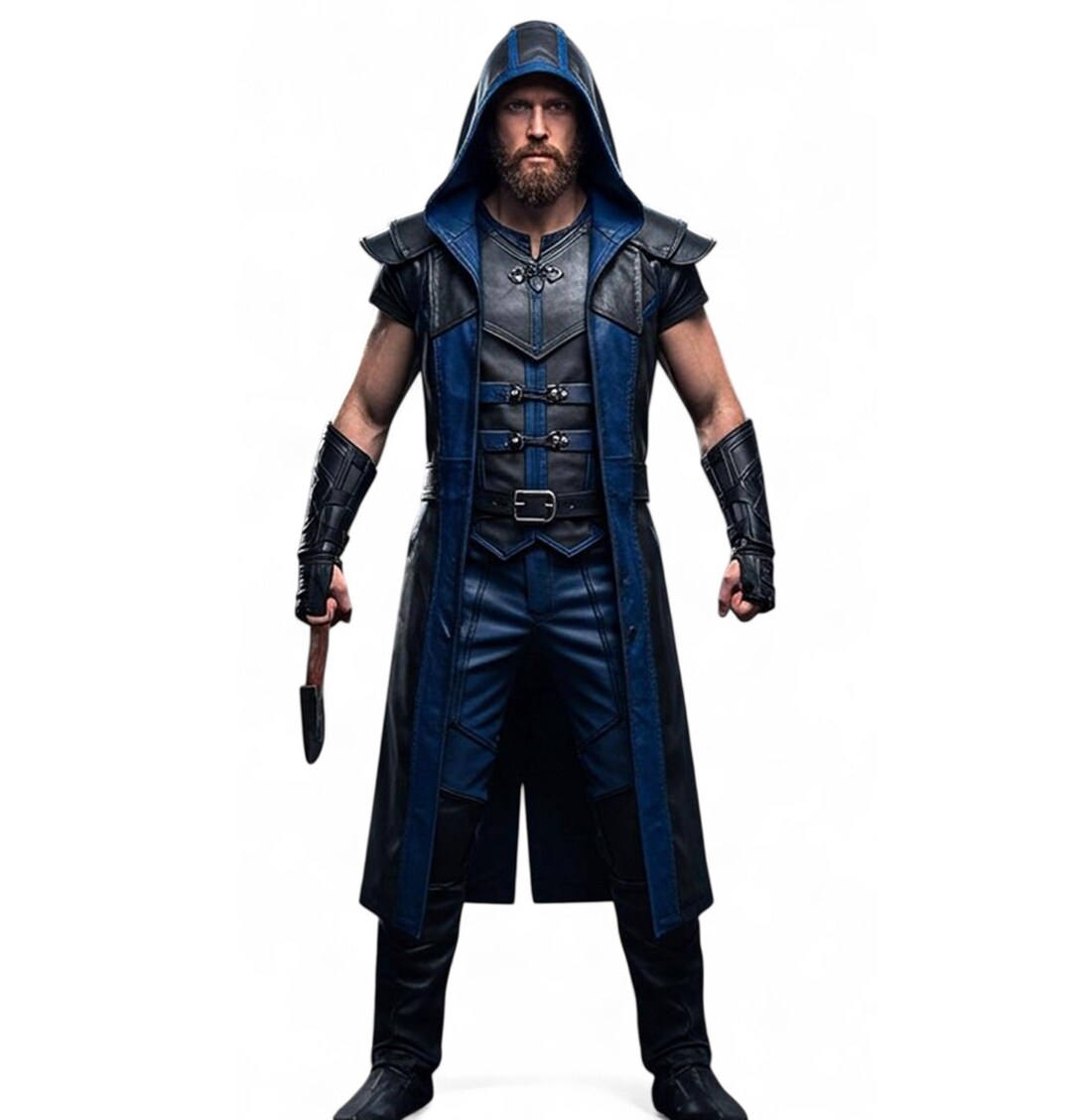 Midnight Blue Hooded Leather Assassin Cloak | Black Vest & Warrior ...