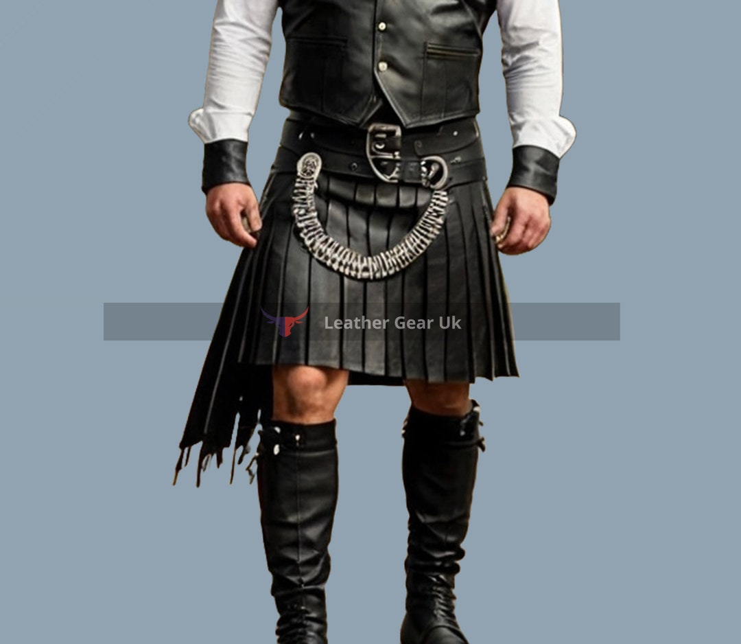 Handmade Genuine Leather Black Kilt for Men, Real Leather Modern Party ...