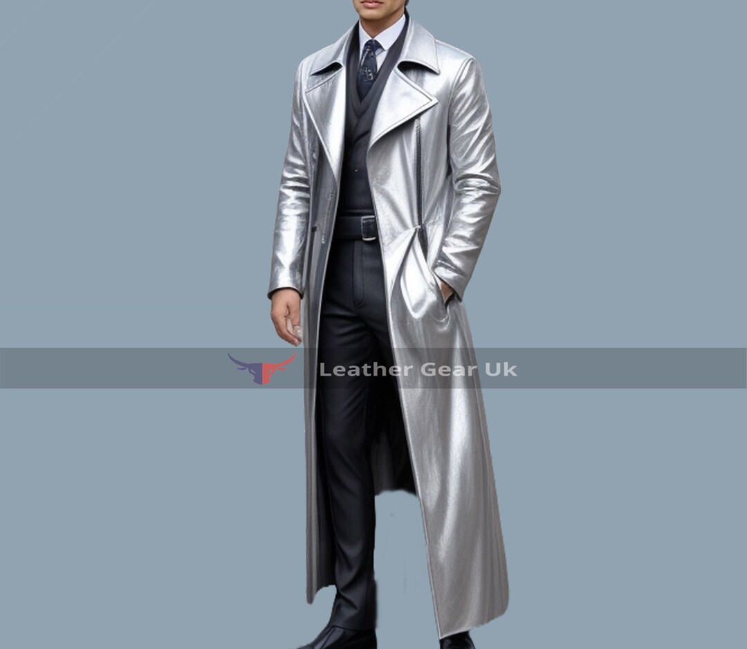 Handmade Men Leather Silver Trench Coat-genuine Leather Gothic Long ...