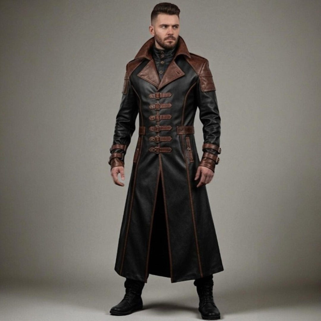Black & Brown Leather Trench Coat for Men | Handmade Vampire Gothic ...