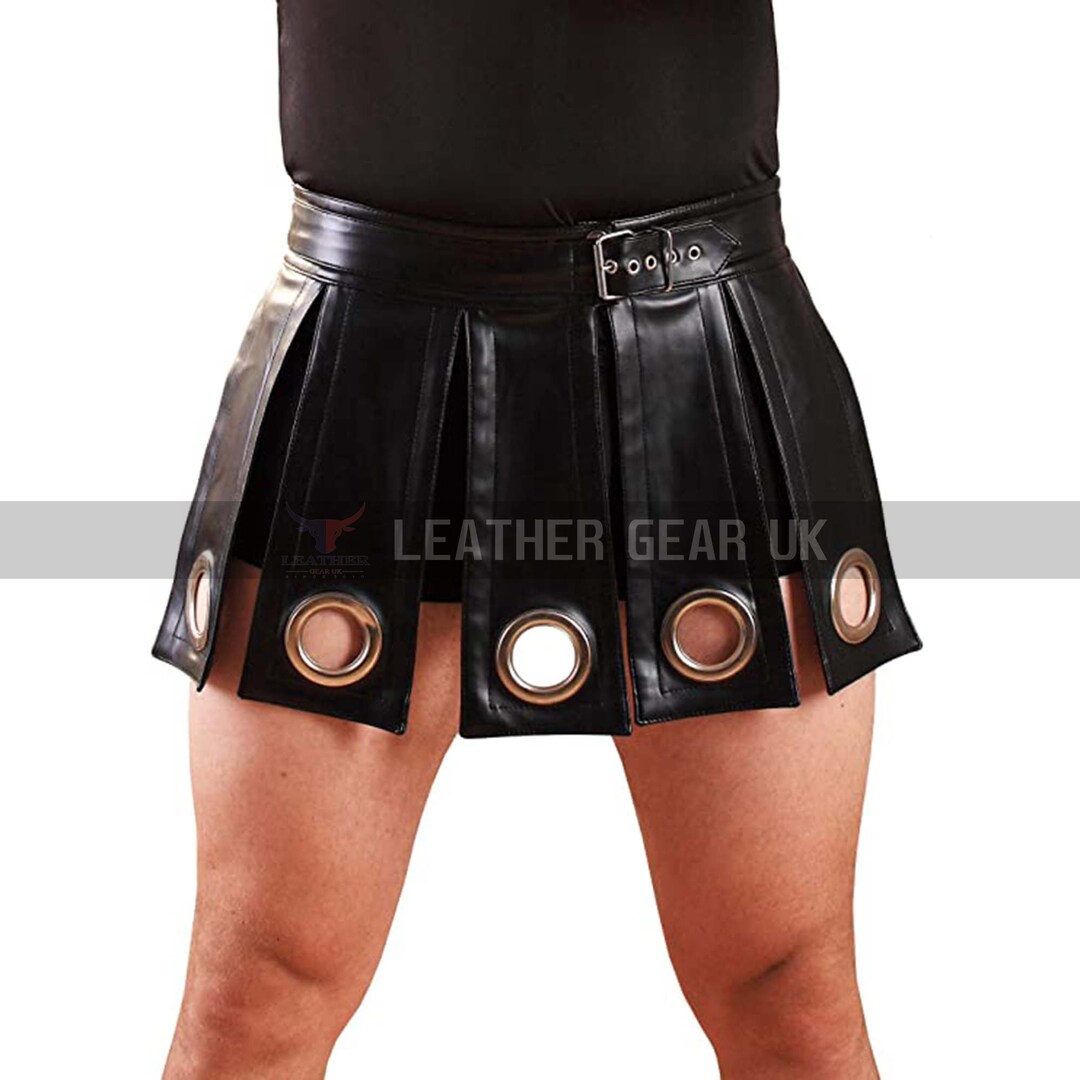 Mens Black Leather Short Kilt, Handmade Real Leather Gladiator Kilt ...
