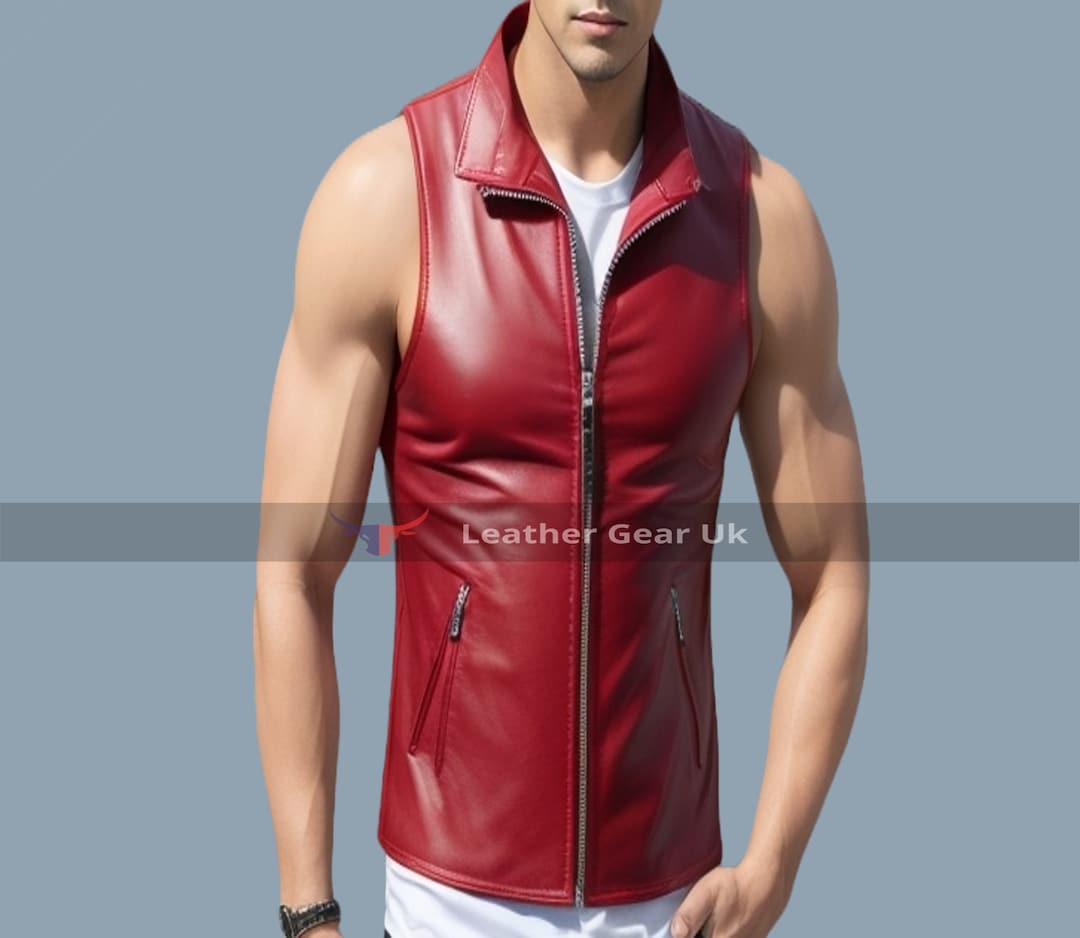 Handmade Men Leather Bar Vest-genuine Leather Red Slimfit Vest-mens ...