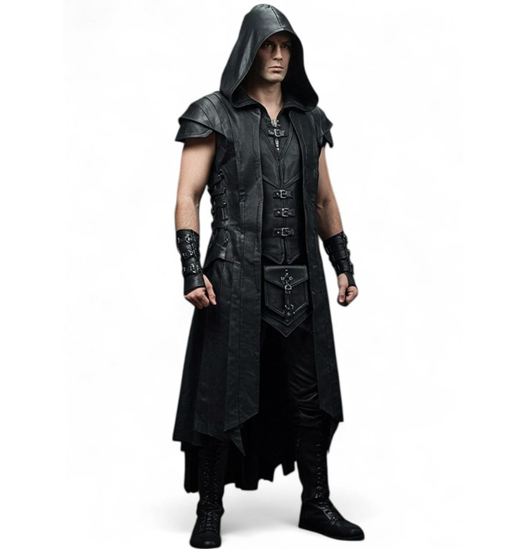 Assassin Leather Cloak – Hooded Medieval Rogue Coat, Sleeveless Warrior ...