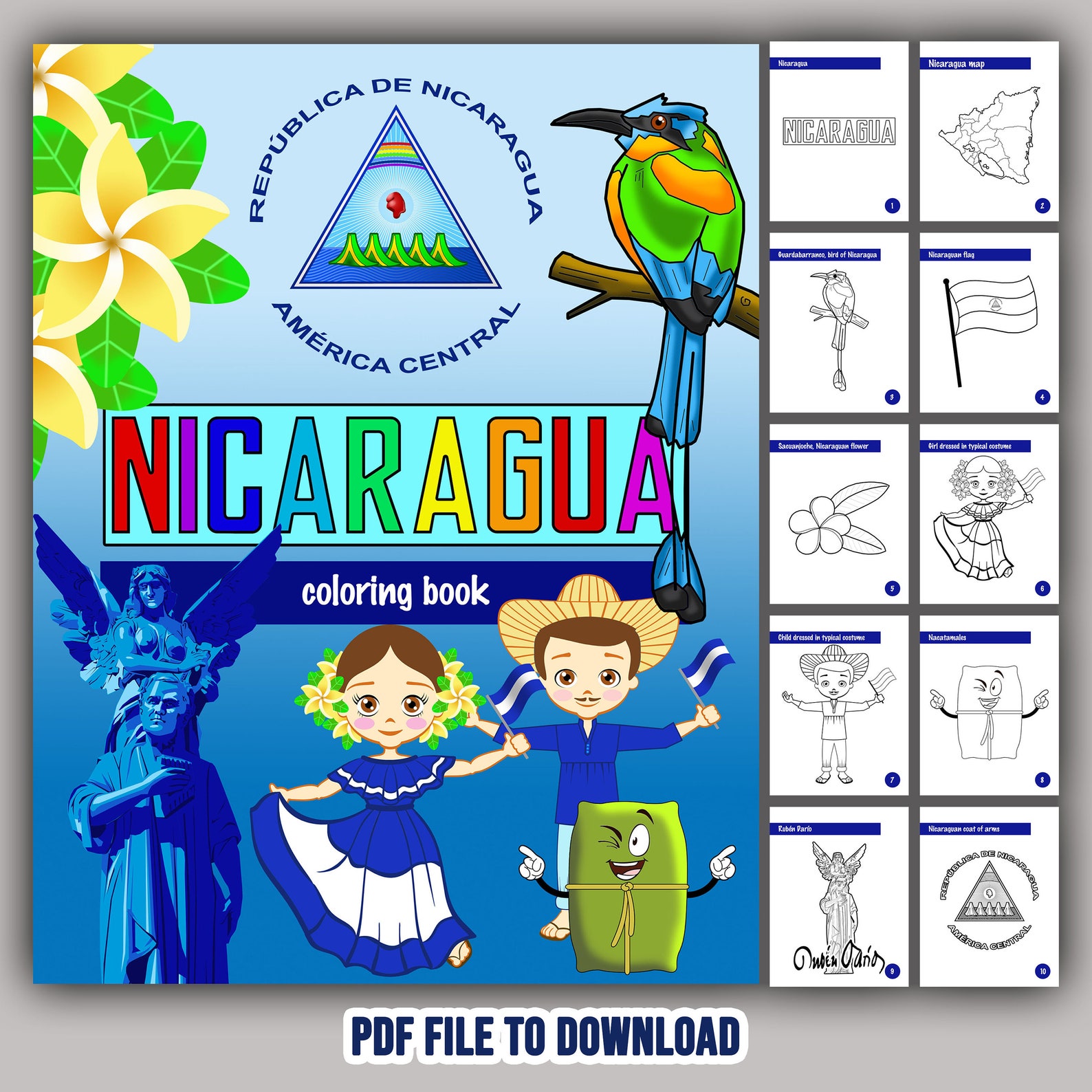 Nicaragua Coloring Book in PDF to Download. 10 Pages With National ...