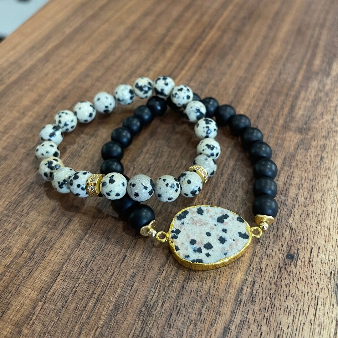 Dalmatian Jasper Bracelet Set - Round Bead Bracelet - Gemstone Bracelet - Gemstone Beads ...