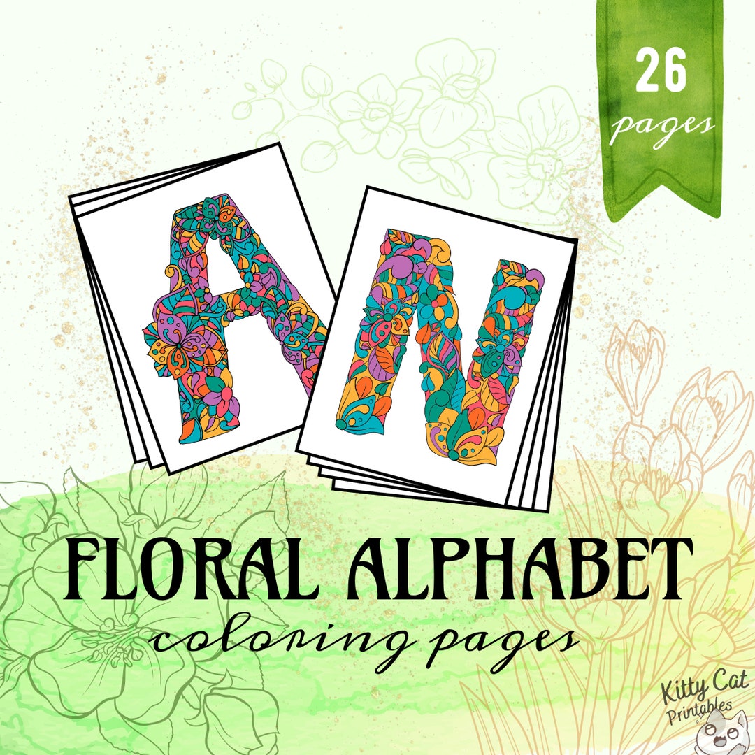 Floral Alphabet Coloring Pages A4 US Letter Size Botanical Sketches ...