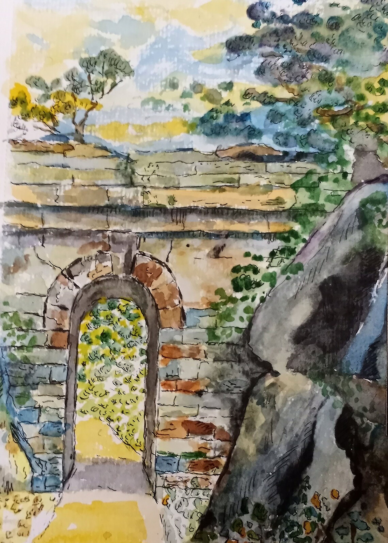 New York Central Park Watercolor Print Archway and Rocks Art Landscape ...