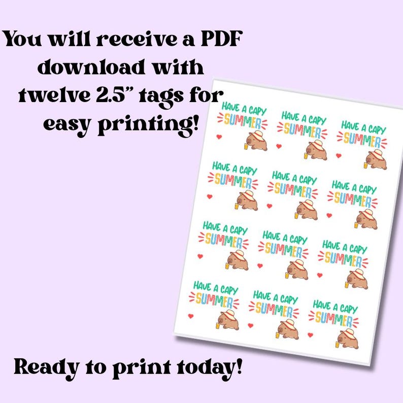 Capybara Summer Gift Tags: Printable End-of-year Favor Tags (PDF ...