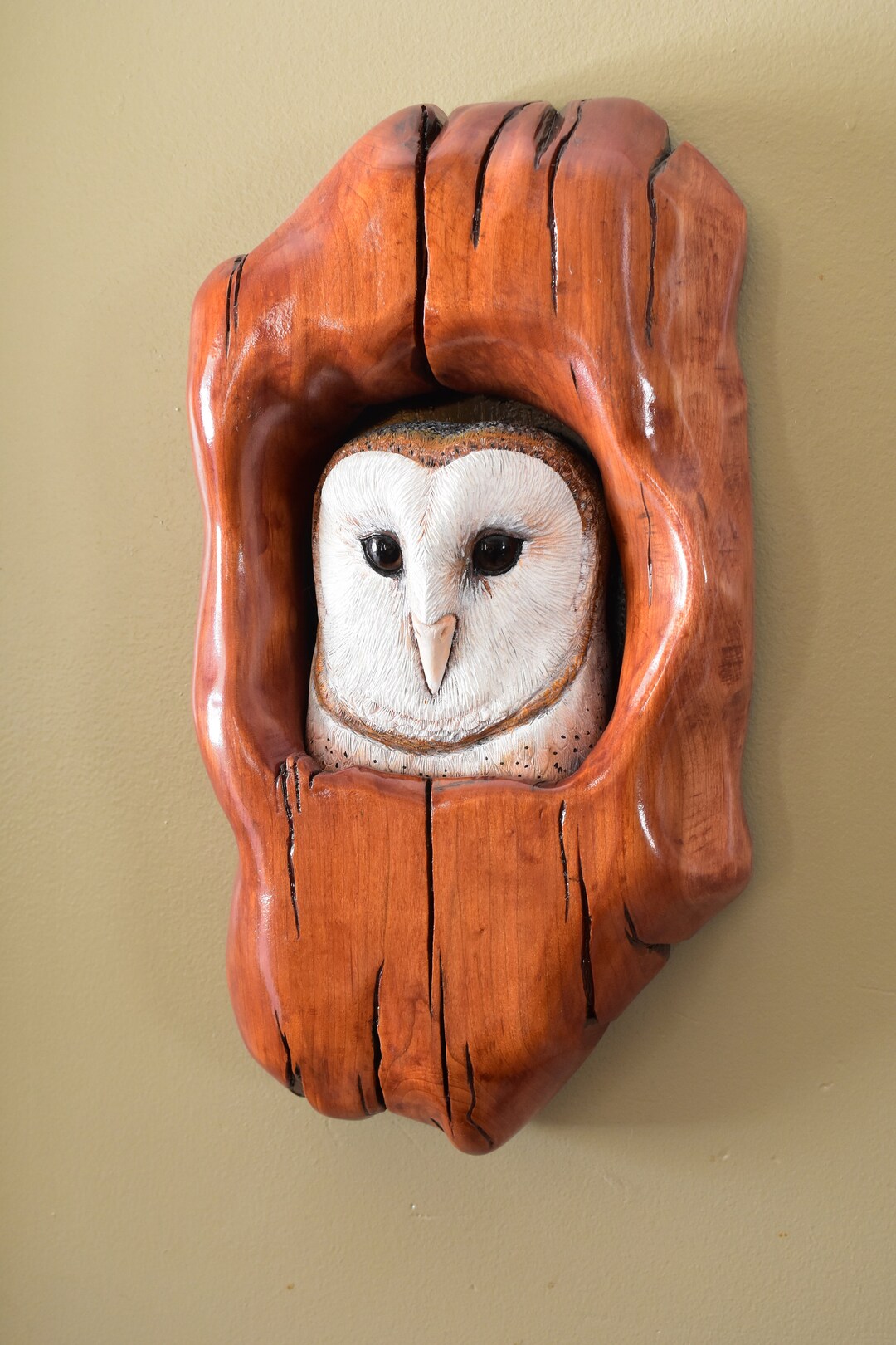 Hand Carved Hand Painted Barn Owl Wooden Sculpture in Carved Cherry ...
