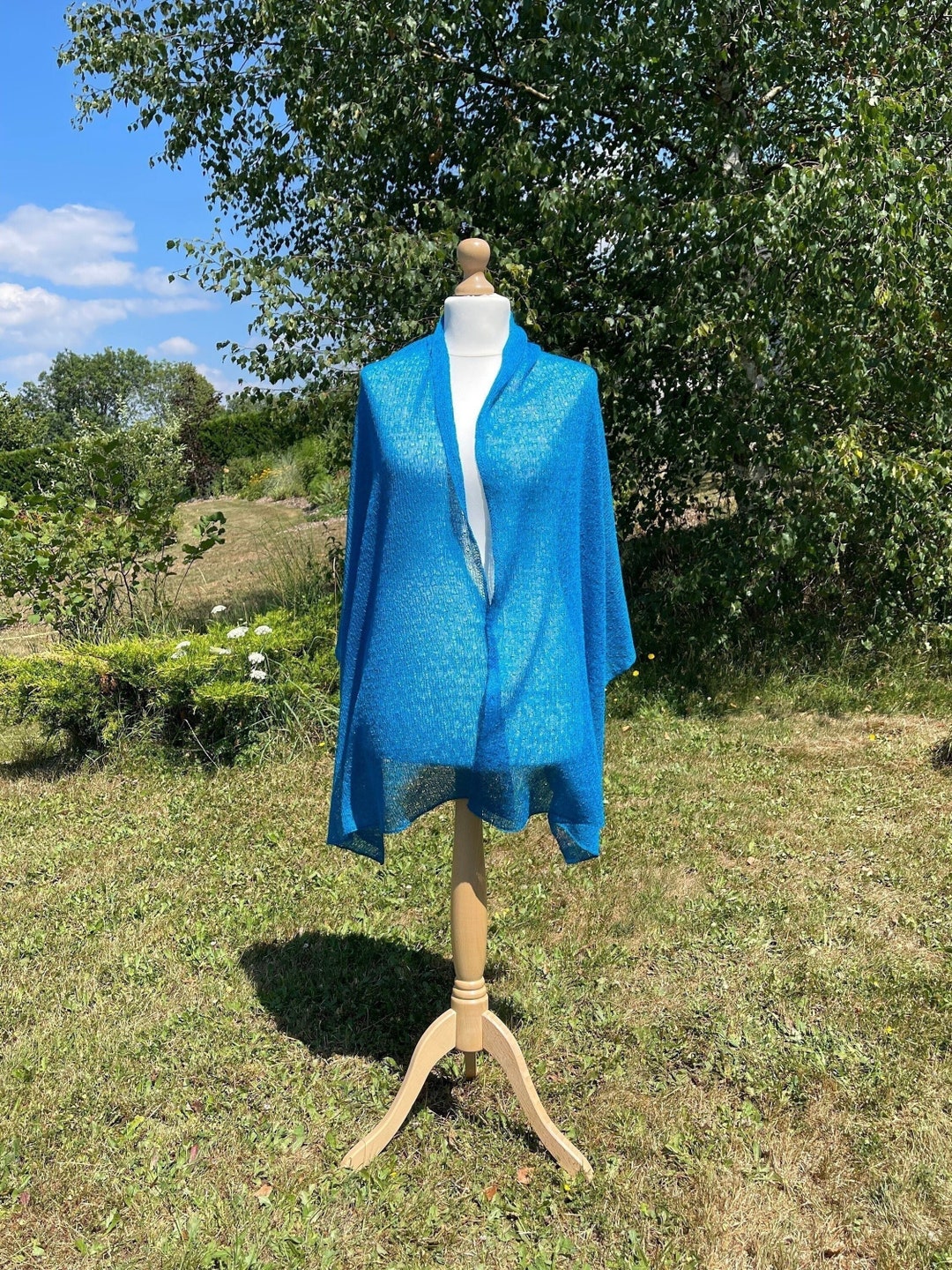 Azur Blue Summer Lace Shawl, Finely Knitted Womens Shoulder Wrap in ...