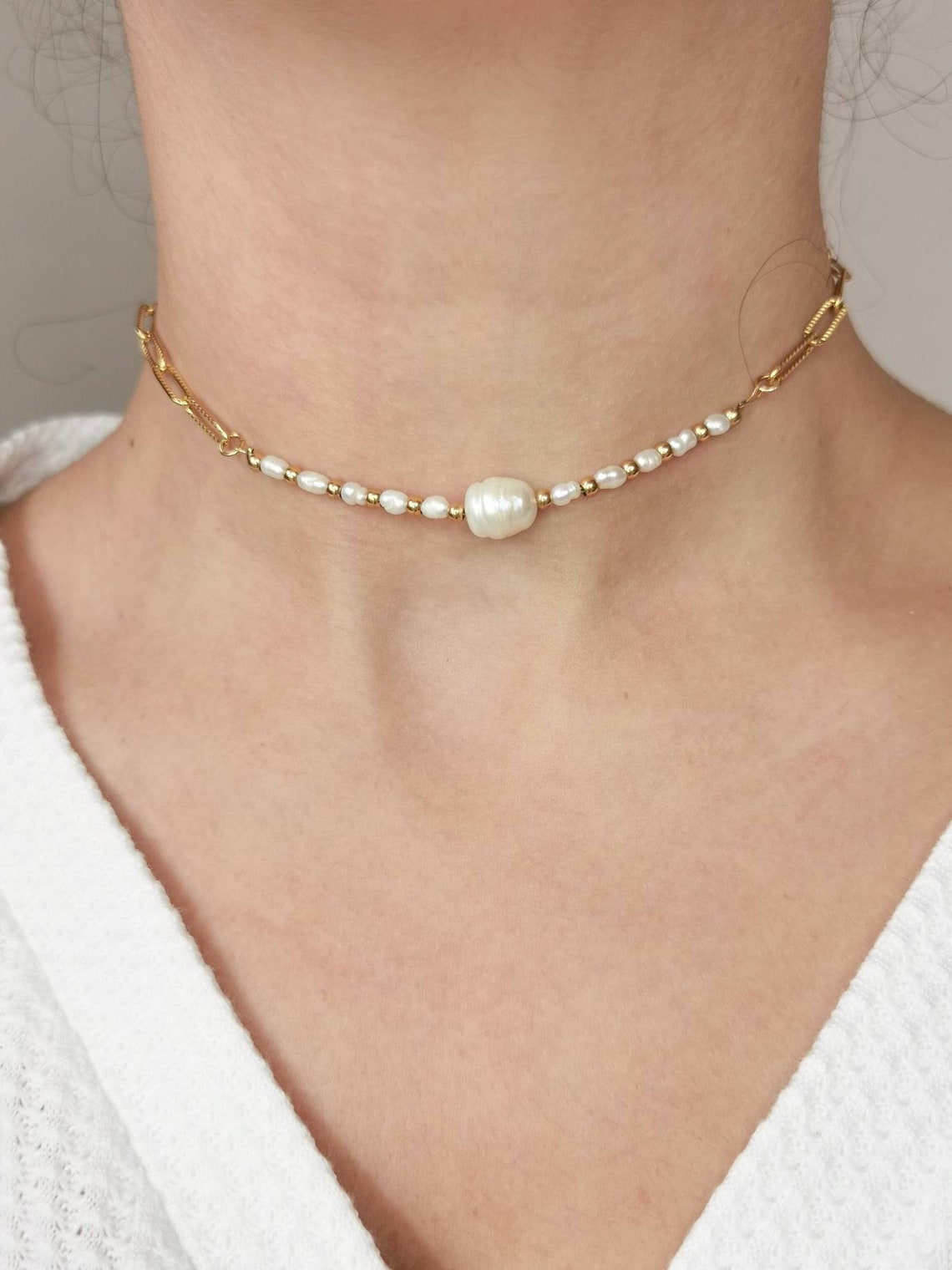 Collier ras de cou acier inoxydable doré perles d'eau | Etsy