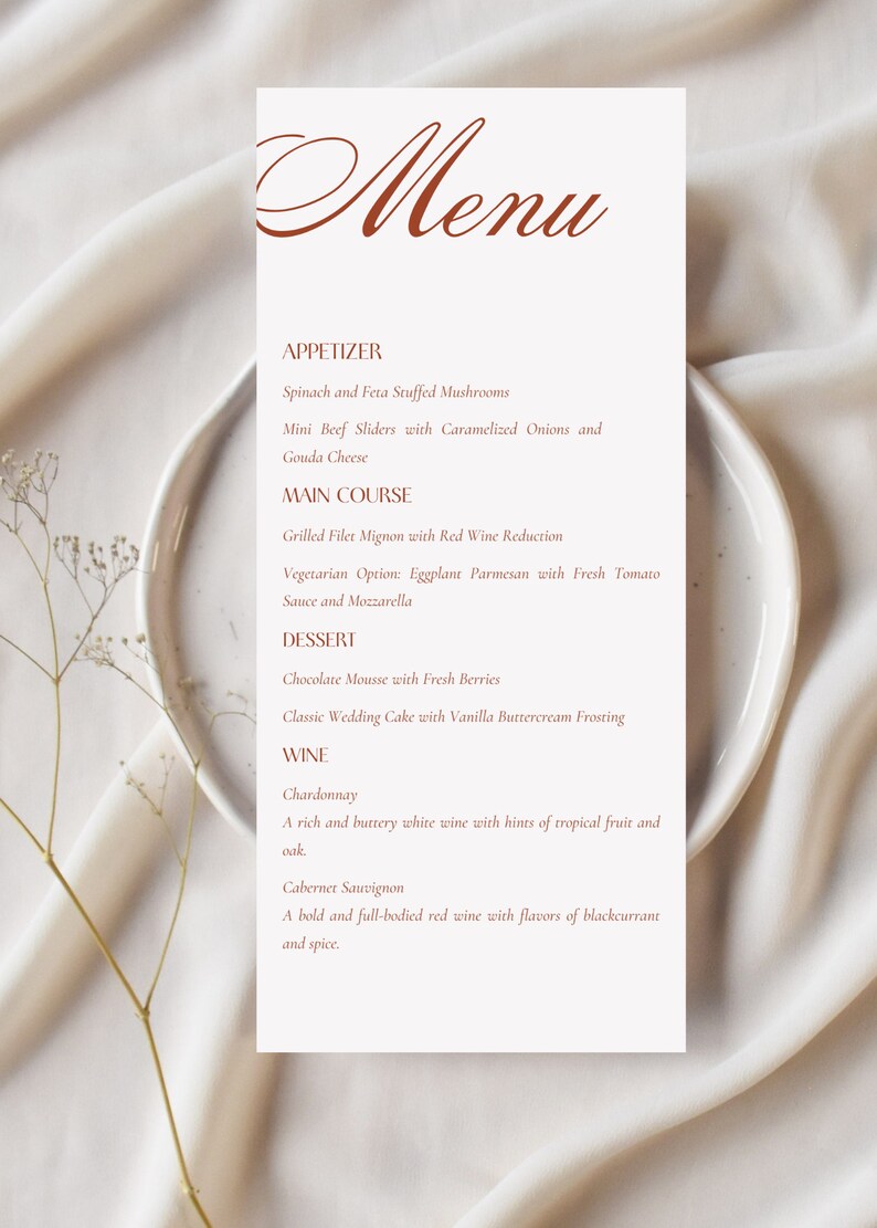 Terracotta Rustic Boho Wedding Menu Template, Instant Download, Elegant ...