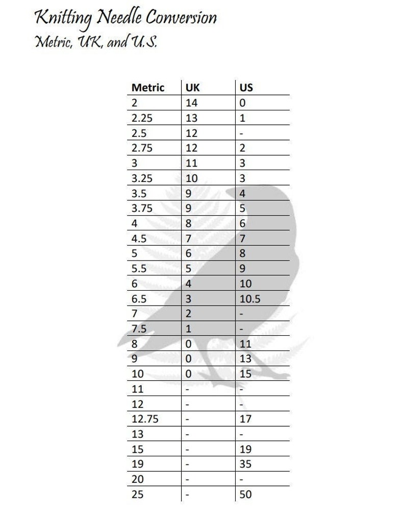 Knitting Needle Conversion Chart - Etsy