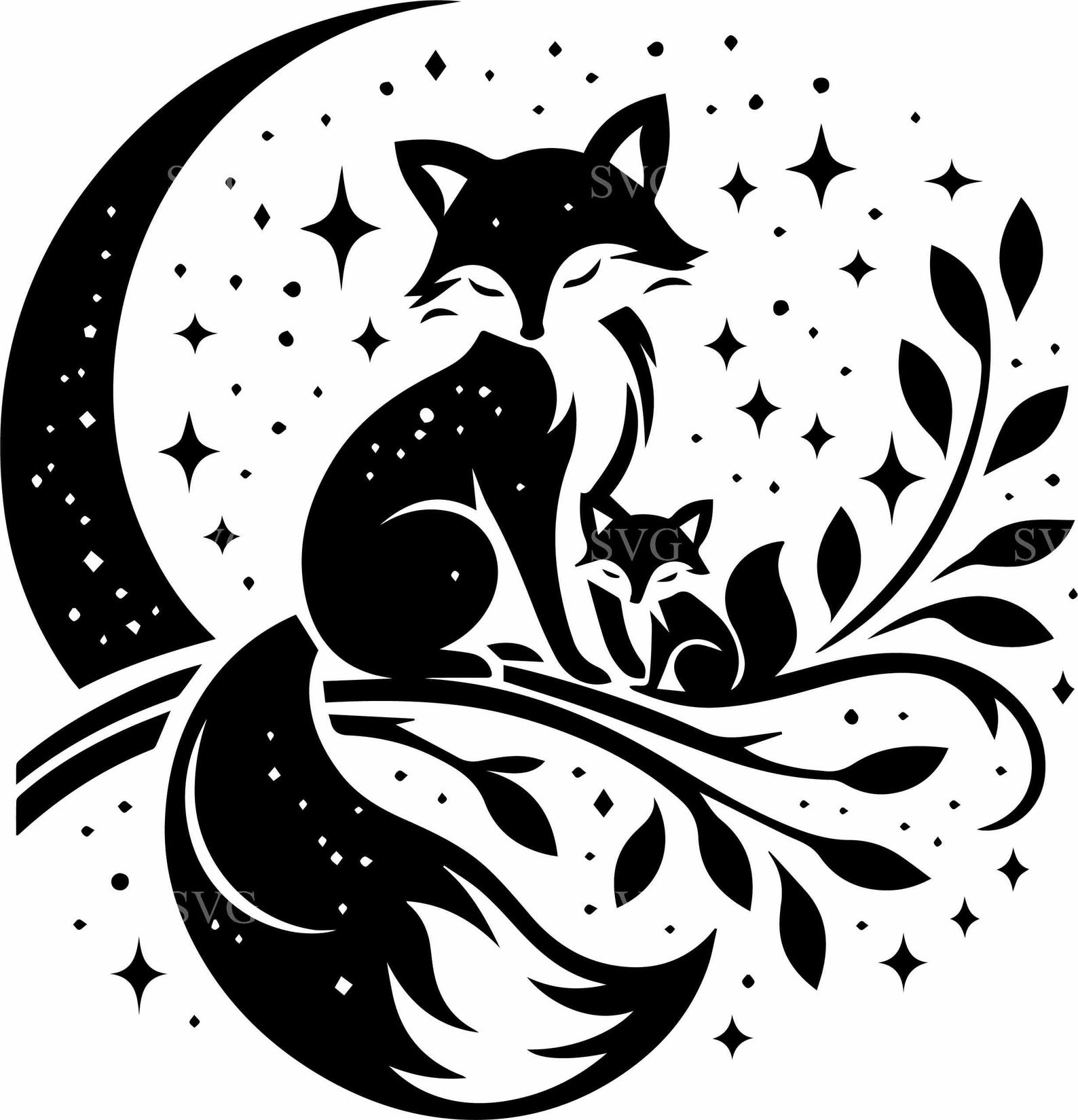 9 Fox Moon SVG – 9 Night Foxes Cut File With Stars and Leaves ...