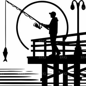 Fishing Pier SVG 5 Cut File - Fisherman Silhouette With Catch and Ocean ...