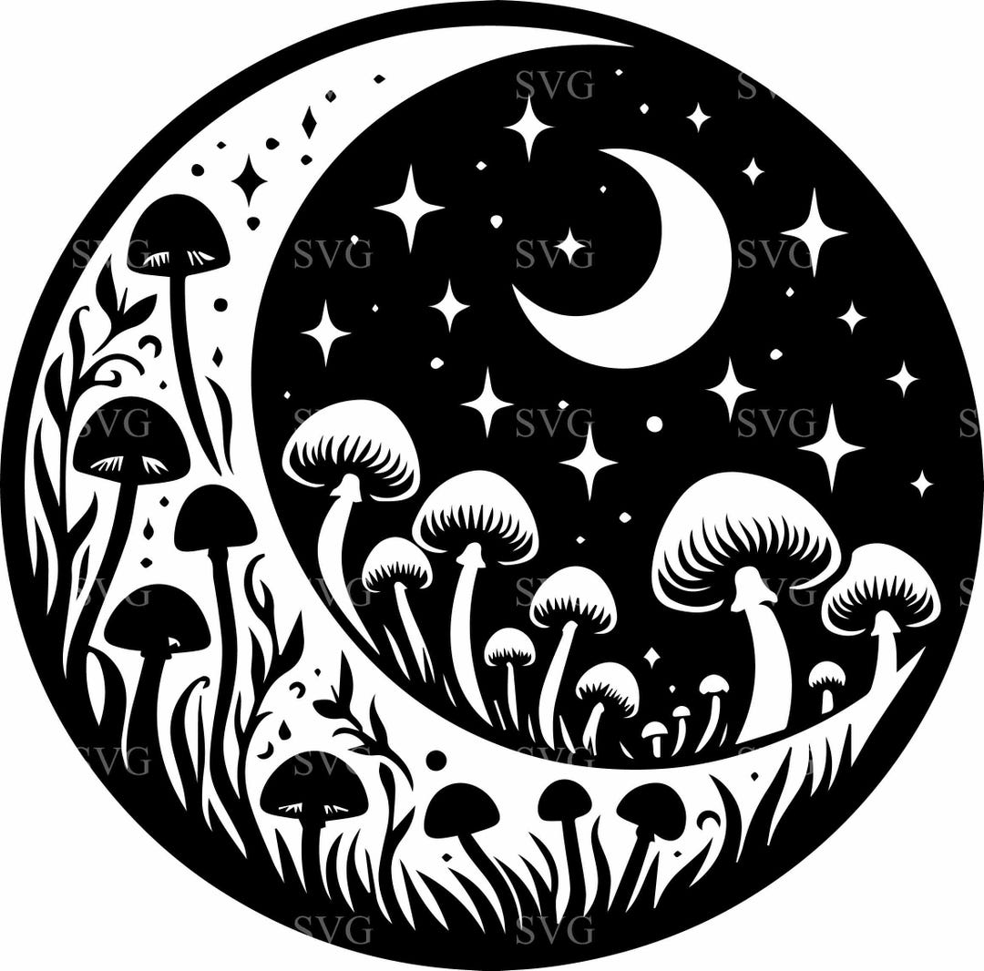 5 Moon and Mushrooms SVG 5 Cut File - Mystical Night Silhouette Clipart ...