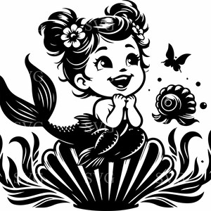 Mermaid SVG Cut File, 4 Cute Mermaid on Shell Silhouette, Ocean Fantasy ...