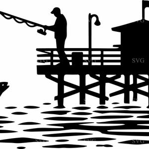 Fishing Pier SVG 5 Cut File - Fisherman Silhouette With Catch and Ocean ...