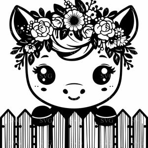 6 Floral Pony SVG Cut File, Cute Baby Horse With Flower Crown and Fence ...