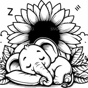 Sleeping Baby Elephant With Sunflower SVG, 4 Cute Animal Floral Cut ...
