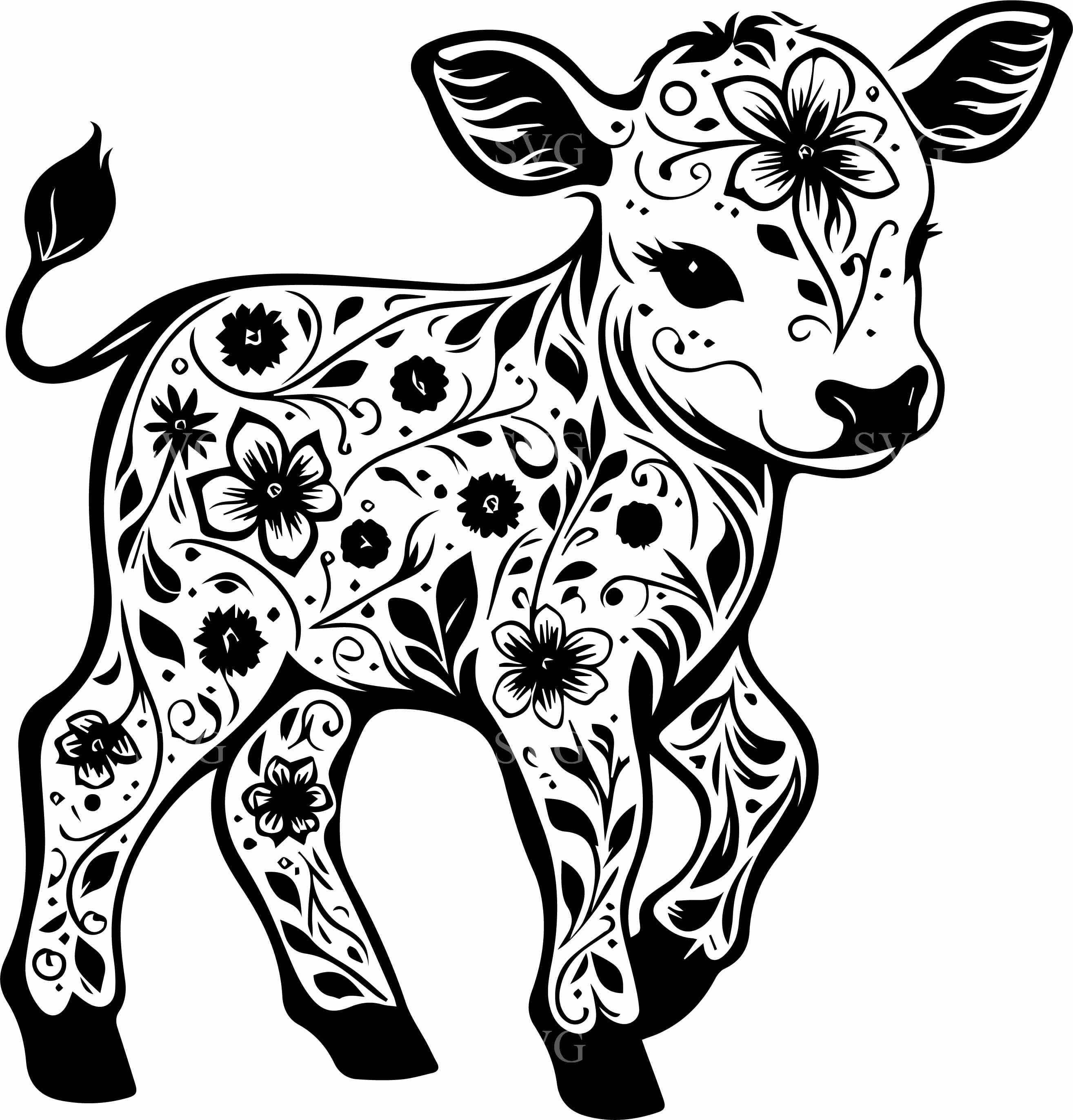 7 Calf SVG Cut File, Floral Cow Vector, Baby Farm Animal Clipart for ...