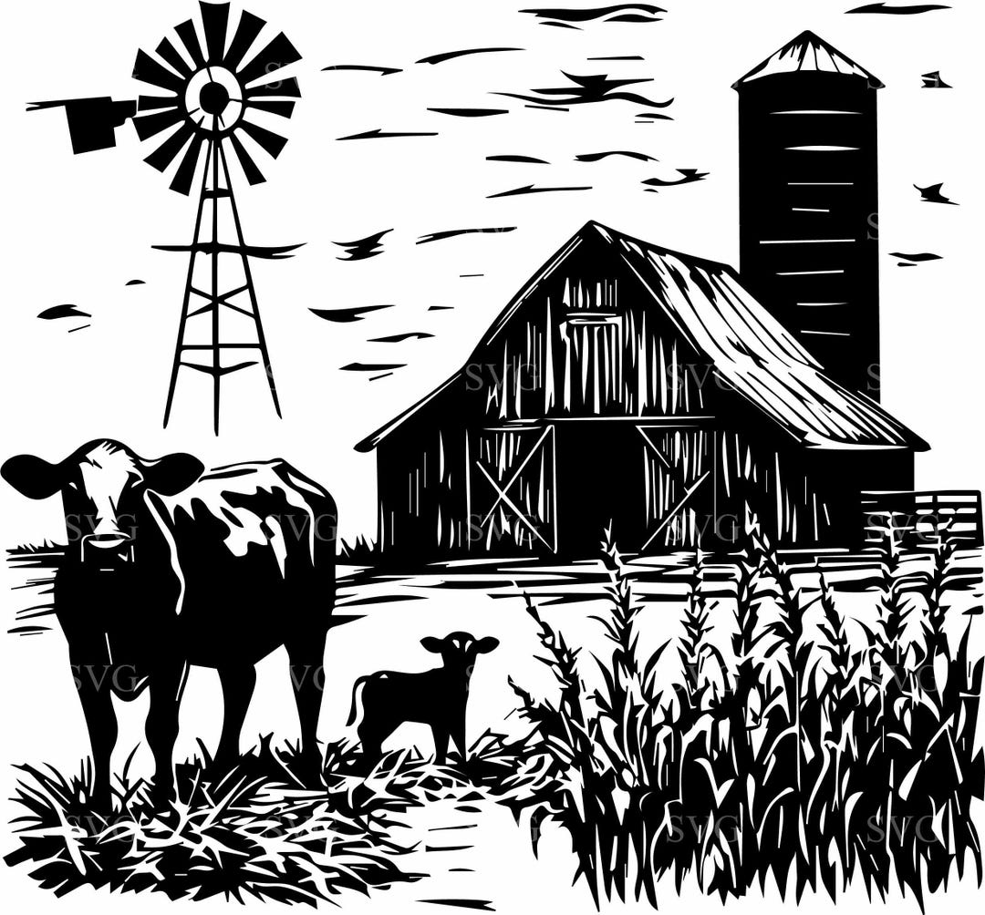 4 Farm Scene SVG Cut File With Barn, Windmill, Cow and Calf, Country ...