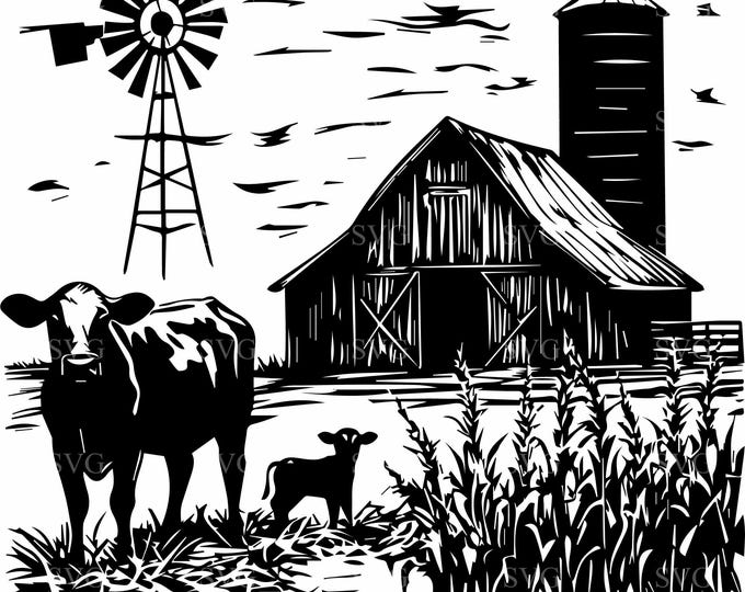 4 Farm Scene SVG Cut File With Barn, Windmill, Cow and Calf, Country ...