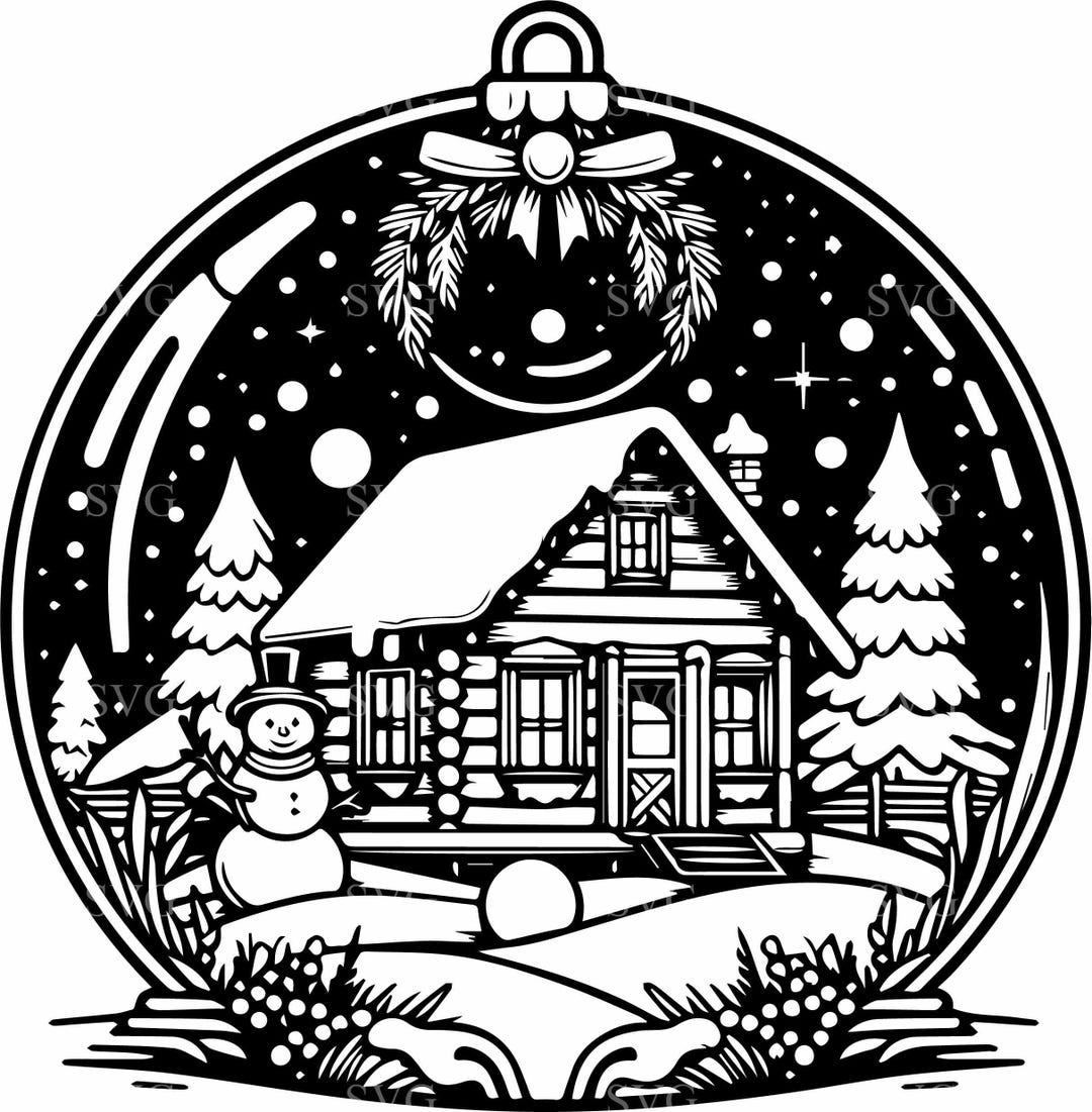 Winter Cabin Scene SVG 4 Cut File, Snowman and Snowy Cottage Ornament ...