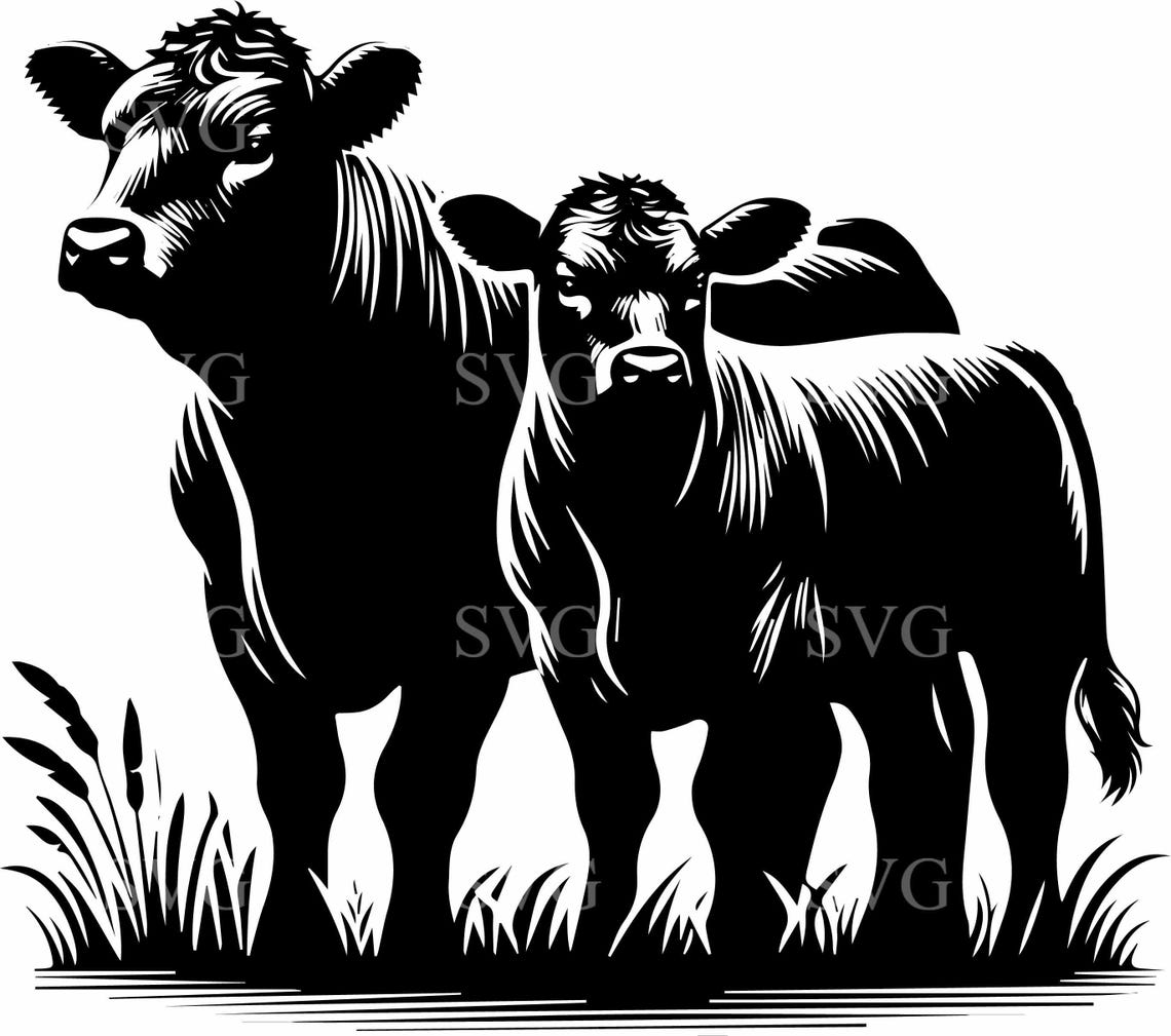 Angus Cattle SVG Cut Files, 7 Farm Animal Clipart, Cow and Calf ...