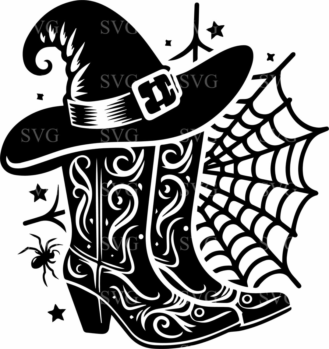6 Witch Cowboy Boots SVG 6 Cut File, Halloween Hat and Spider Web PNG ...